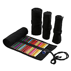 DZHJKIO Handmade Canvas Pencil Roll Wrap 36/48/72 Holes, Multiuse Roll Up Pencil Case Large Capacity Pen Curtain for Coloring Pencil Holder Organizer (36-Slots, Black)