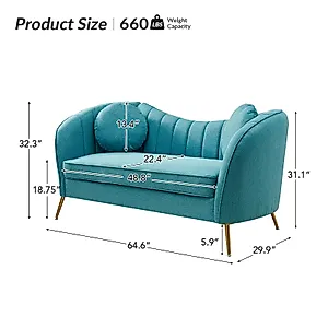HULALA HOME Velvet Loveseat Sofa with 2 Pillows, Mid-Century Modern 2-Seat Sofa with Golden Legs for Bedroom, Comfy Upholstered Love Seat Couch, Teal