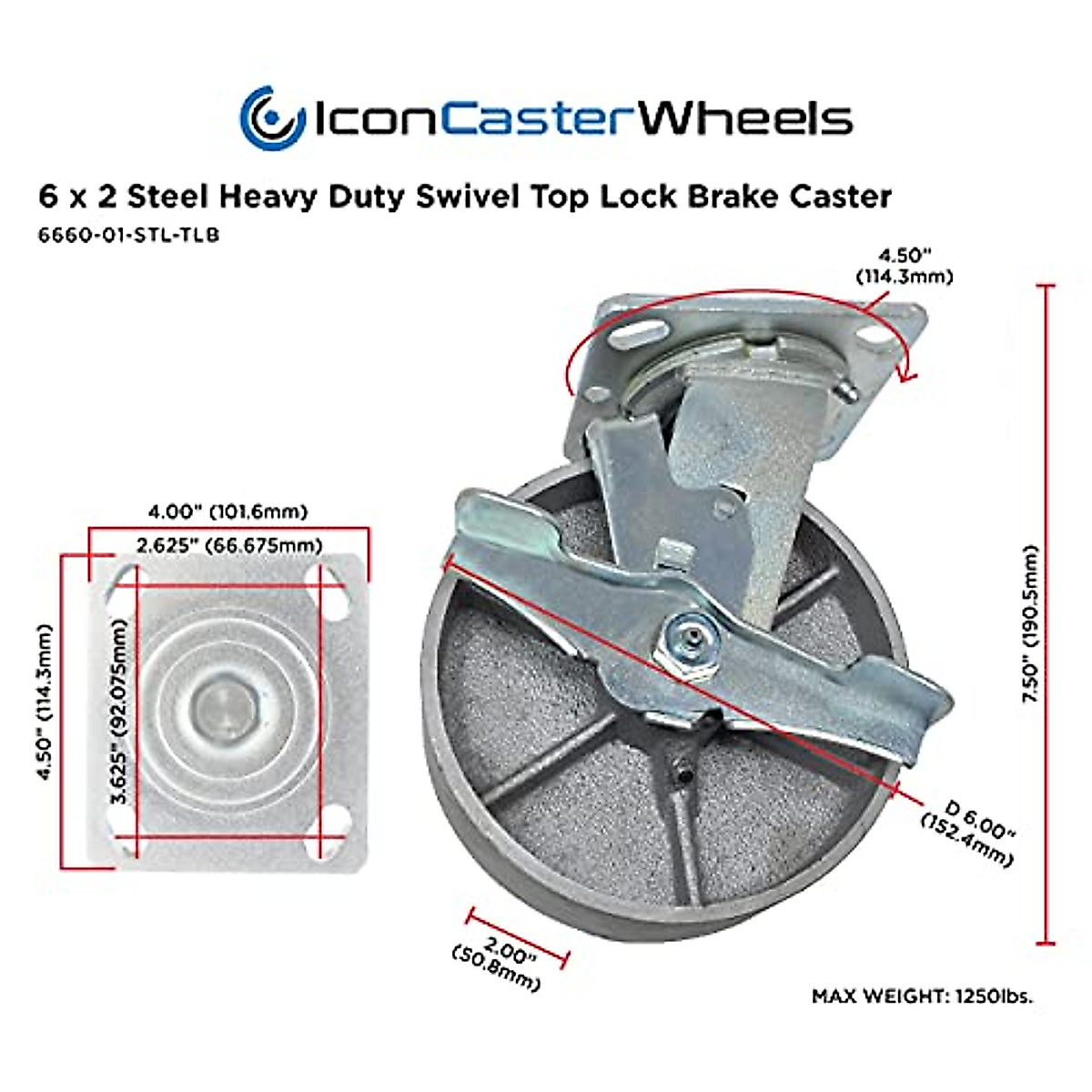 IconCasterWheels 6" x 2" Steel Heavy Duty Caster, Set of 4 Industrial Casters | 2 Swivel Top Lock Brake Caster & 2 Rigid Top Plate Caster | Top Plate 4 x 4.5", Load Capacity 4,800 lbs per Set (4-Pack)