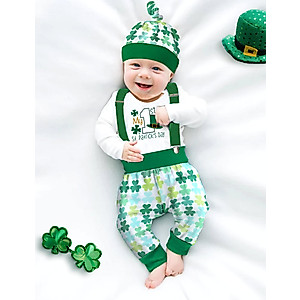 AGAPENG St Patricks Day Baby Boy Outfit Baby St Patricks Day Outfit Boy 0-3 Months My First St Patricks Day Baby Boy Outfit Long Sleeve Romper Shamrocks Suspenders Pants Hat