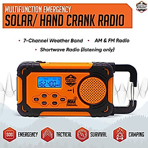 Emergency NOAA Weather Radio with AM/FM and Shortwave Radio Bands: Hand Crank, Solar or Battery Powered, Portable Power Bank, Solar Charger & Flashlight - Rechargeable, Headphone Jack and More!