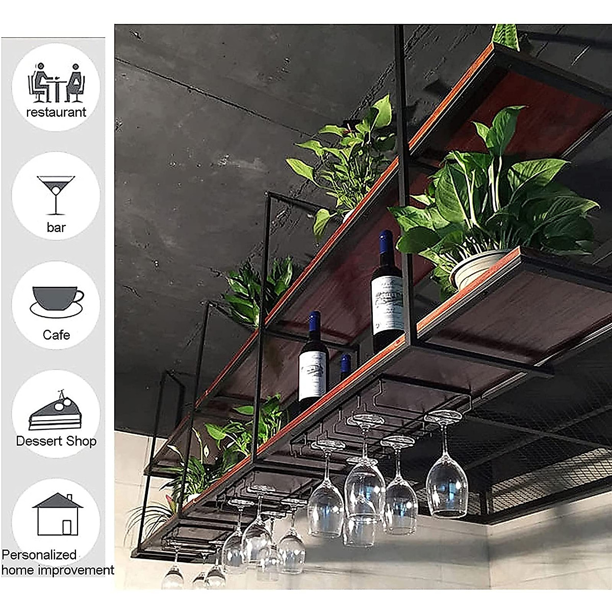 Ceiling Glass Rack Floating Shelves,Ceiling Shelf,Retro Bar Restaurant Iron Ceiling Mounted Storage Shelf/Hanging Decorative Floer Stand,Can Bear 65kg