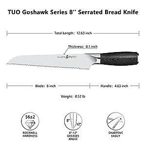 TUO Bread Knife - 8" Bread Slicing Knife Knife Serrated, German HC Steel Ergonomic Pakkawood Handle with Gift Box, Goshawk Series