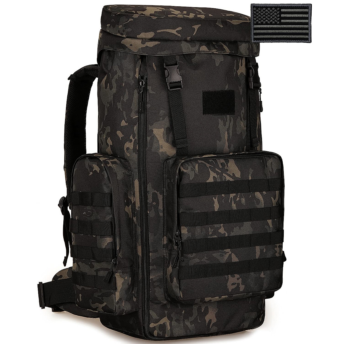 Protector Plus Tactical Hiking Daypack 70-85L Military MOLLE Assault Backpack Army Traveling Camping Pack Bug Out Bag Outdoor Rucksack (Rain Cover & Patch Included), Black Camo