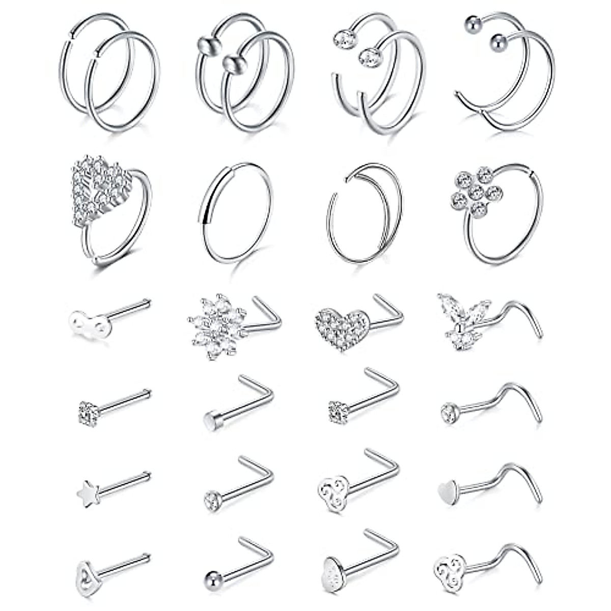 Anicina 20g Nose Rings Studs Surgical Stainless Steel Hoops L Shape Nostril Nose Piercing Jewelry Heart Flower Butterfly Hypoallergenic Screw for Women Men Silver