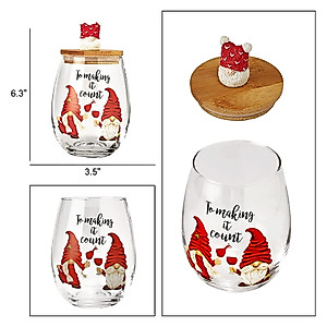 Christmas Gnome Wine & Water Glasses With Dwarf Wood Cover - Set of 2-17.5oz - Santa Holiday Festive Gnomes Stemless Clear Wine Glass For Red Or White Wine - Wines Glass for Women Friends Men Sister