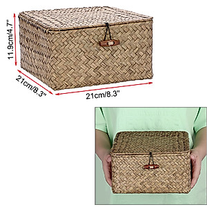 Hipiwe Wicker Shelf Baskets Bin with Lid Handwoven Seagrass Storage Basket Container Square Multipurpose Household Basket Boxes for Shelves and Home Organizer, Coffee Small