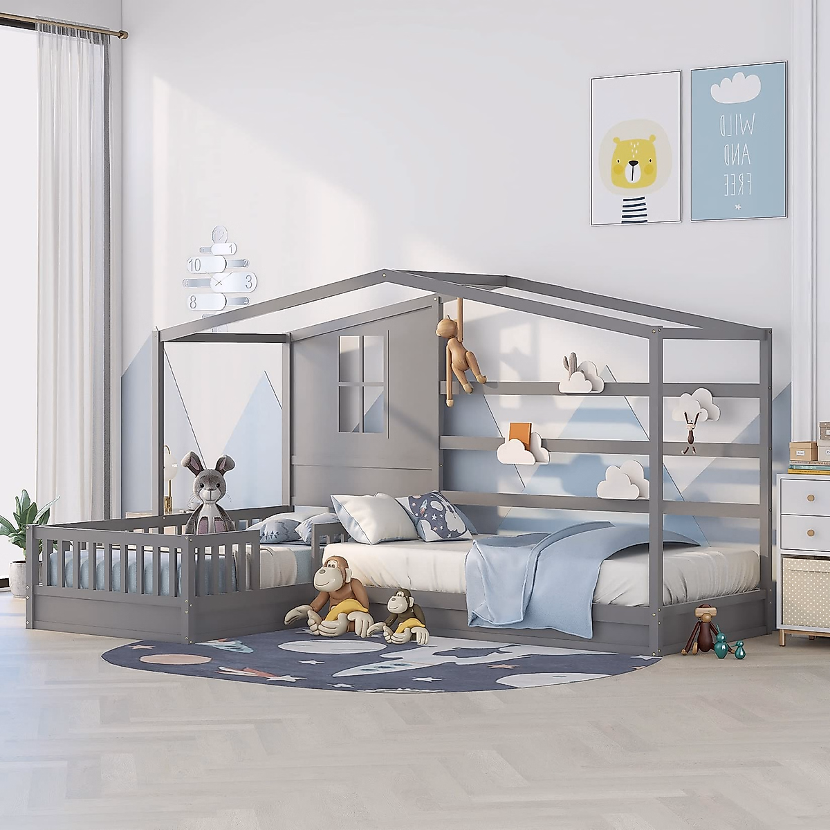 L Shaped Bed Frame with Roof, Twin Corner Bed House Bed for Kids, Solid Wood Twin Platform Bed Frame for 2 People (Twin Size, Gray)