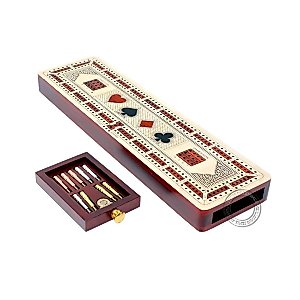 House of Cribbage - 3 Track Continuous Cribbage Board Inlaid in Maple Wood/Bloodwood - Size: 12.5 Inch - Wood Inlaid Card Symbols (Suits) + Storage Drawer for Cribbage Pegs