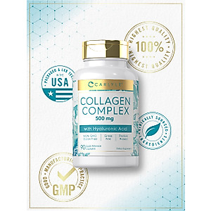 Carlyle Collagen Pills with Hyaluronic Acid 500mg | 90 Capsules | Hydrolyzed Collagen Supplement | Non-GMO, Gluten Free