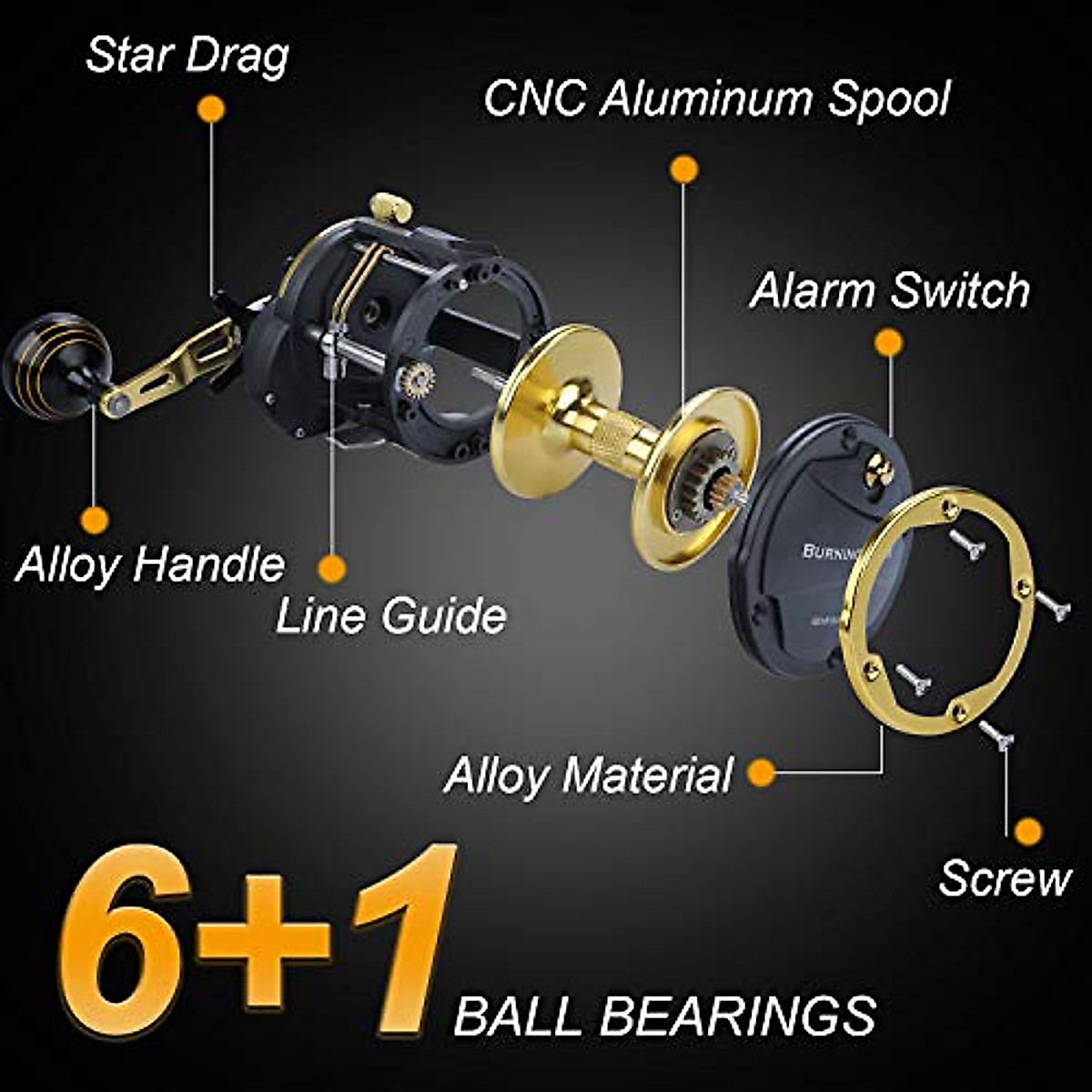 Sougayilang Trolling Reel Saltwater Level Wind Reels, Drag Reels Boat Fishing Ocean Fishing for Sea Bass Grouper Salmon-SHA30-Golden