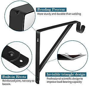 Closet Rod Bracket, Shelf Bracket for DIY Floating Shelf, Heavy Duty L Corner Brace with Rod Hook, Wall Mounted Black Metal Utensil Holder Pot Hangers for Kitchen, Bathroom