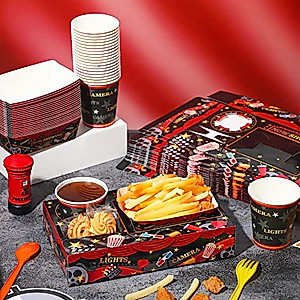 72 Pcs Movie Night Party Supplies Movie Night Snack Trays Boxes with Disposable Paper Food Trays and Cups Cinema Combo Trays Cardboard Popcorn Drink Candy Holder for Kids Birthday Cinema Party Favors