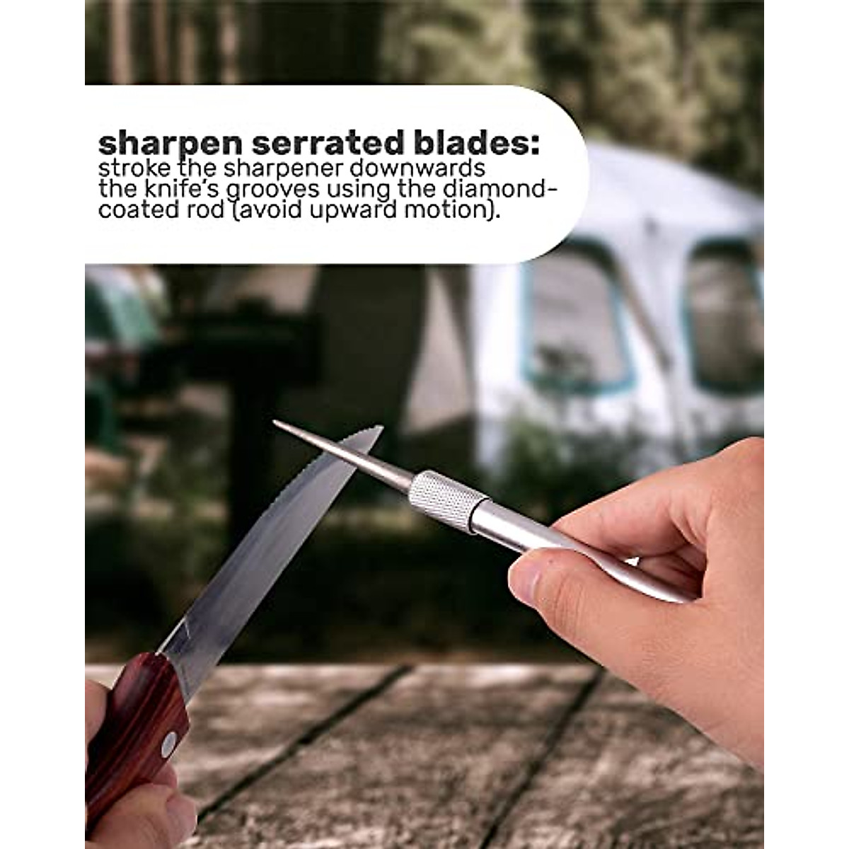 Wamery Serrated Knife Sharpener with Retractable Diamond Sharpening Rod. Repairs, Restores, Polishes Serrated or Straight Blade. Pocket Knife Sharpener