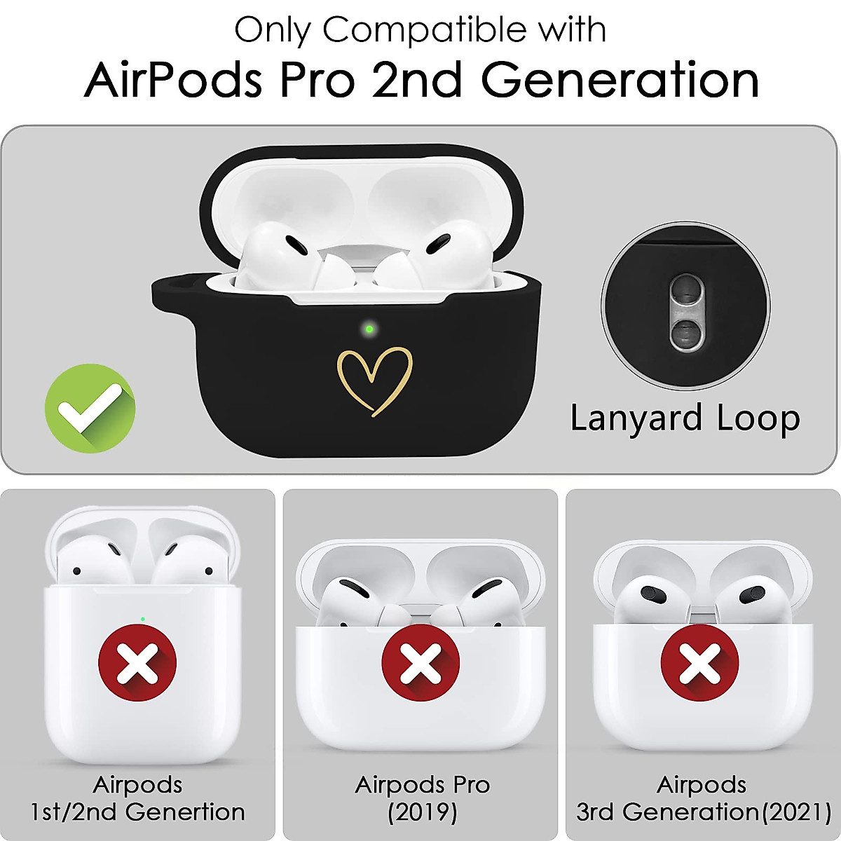 AIIEKZ Compatible with AirPods Pro 2 Case Cover 2022, Soft Silicone Case with Gold Heart Pattern for AirPods Pro 2nd Generation Case with Pendant Keychain for Girls Women (Black)