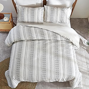MOVE OVER Gray Jacquard Comforter Set Boho Comforter Set Queen 300TC 100% Yarn Dyed Cotton Bohemian Paisley Flower Design Boho Textured Stripes Jacquard Tufted Comforter Set