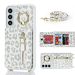 Jaorty for Samsung Galaxy S21 5G Phone Case for Women with Card Holder,Galaxy S21 Case Wallet Crossbody Lanyard with Strap,Credit Card Slots Kickstand Case with Ring Holder,6.2 Inch,White Leopard