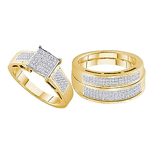 Sizes - L = 4.5, M = 9.5 - 10k Yellow Gold Mens and Ladies Couple His & Hers Trio 3 Three Ring Bridal Matching Engagement Wedding Ring Band Set - Round Diamonds - Micro Pave Princess Shape Center Setting (3/5 cttw) - Please use drop down menu to select yo