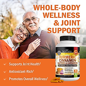 Turmeric Supplement with Saffron, Cinnamon and Cardamom Plus BioPerine Black Pepper Extract for Optimal Absorption, Natural Tumeric Curcumin Joint Support Supplement for Women and Men, 60 Capsules