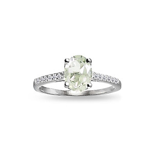 GemStar USA Sterling Silver Green Amethyst and White Topaz Oval Crown Ring, Size 6