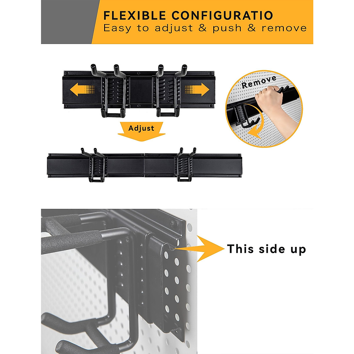 Garage Tool Organizer Wall Mount 48 Inches Max Load 539lbs ，Garage Storage, Garage Organization, Adjustable with 7 Heavy Duty Hooks and 4 Cable Ties, Yard Tools holder and Power Tool Organizer Rack