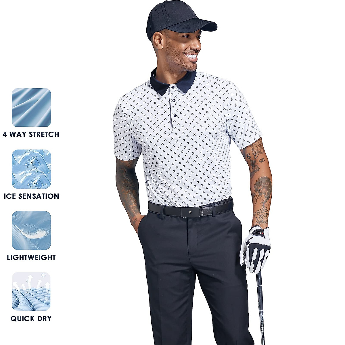Men's Performance Dry Fit Golf Shirt, Quick-Dry Short Sleeve Polo, Moisture Wicking Navy/White L
