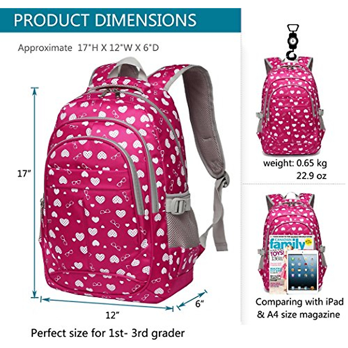 BLUEFAIRY Girls Backpack Kids Elementary School Bags Child Bookbags Waterproof Lightweight Travel Sturdy Durable Gift Mochila Para 5.6.7.8.9.10 Niñas（Rose Red）