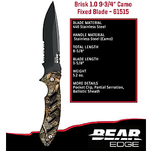 Bear Edge Brisk 1.0 Full Tang Knife, 4-7/8” 440 High Carbon Black Stainless Steel Partial Serrated Blade, Camo Handle with Ballistic Sheath (61515)