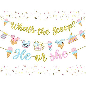 What's The Scoop Decoration Set - Gold Glitter What's The Scoop Banner, He or She Banner Garland and 8 Pieces Ice Creme Garland for Ice Cream Theme Gender Reveal Party Decorations