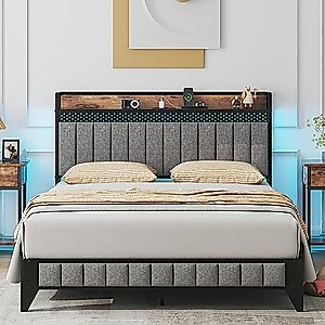 Saudism Full Size Bed Frame with Charging Station, Bed Frame with Led Lights, Full Platform Bed Frame with Soft Storage Headboard, Sturdy and Durable, No Box Spring Needed, Rustic Wood + Steel, Grey
