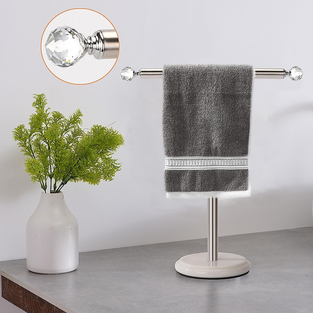Noonext Hand Towel Holder Stand with Heavy Marble Base and Crystal Knobs, Countertop Towel Stand, T-Shape Hand Towel Rack Stand for Bathroom (Brushed Nickel)