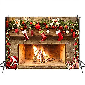 Mocsicka Christmas Fireplace Theme Backdrop for Photography Xmas Tree Sock Gift Family Party Decorations Wallpaper Winter Christmas Birthday Holiday Banner Studio Booth (7x5ft)