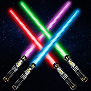 4 Pack Light up Sword Saber with FX Sound (on-Off Control) and Full Retractable Handle, 4 Colors LED Glow in The Dark Toy for Kids Adult