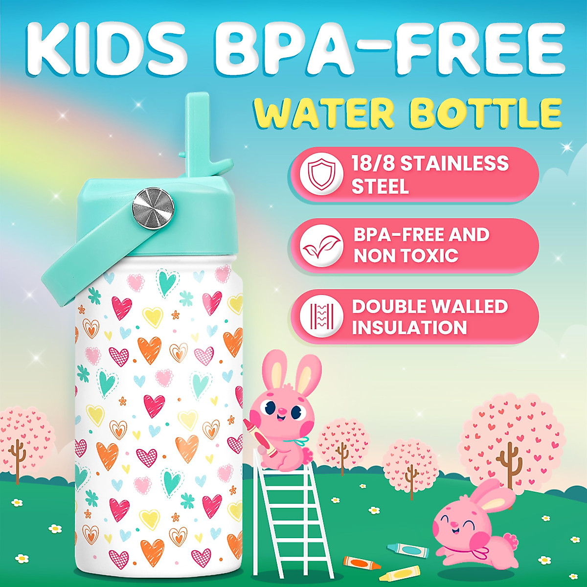 Kids Water Bottle with Straw Lid - Insulated 12 Oz Stainless Steel Water Bottles for Girls Toddlers - Heart Water Bottle Travel Cup for School Sports