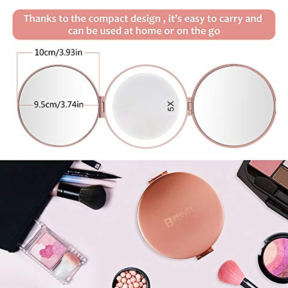 B Beauty Planet 20X Magnifying Mirror with Light, 20X/5X/1X Travel Lighted Makeup Mirror,Portable LED Compact Mirror,Handheld Folding Rechargeable Ring Light Mirror(4inches, Rose Gold)
