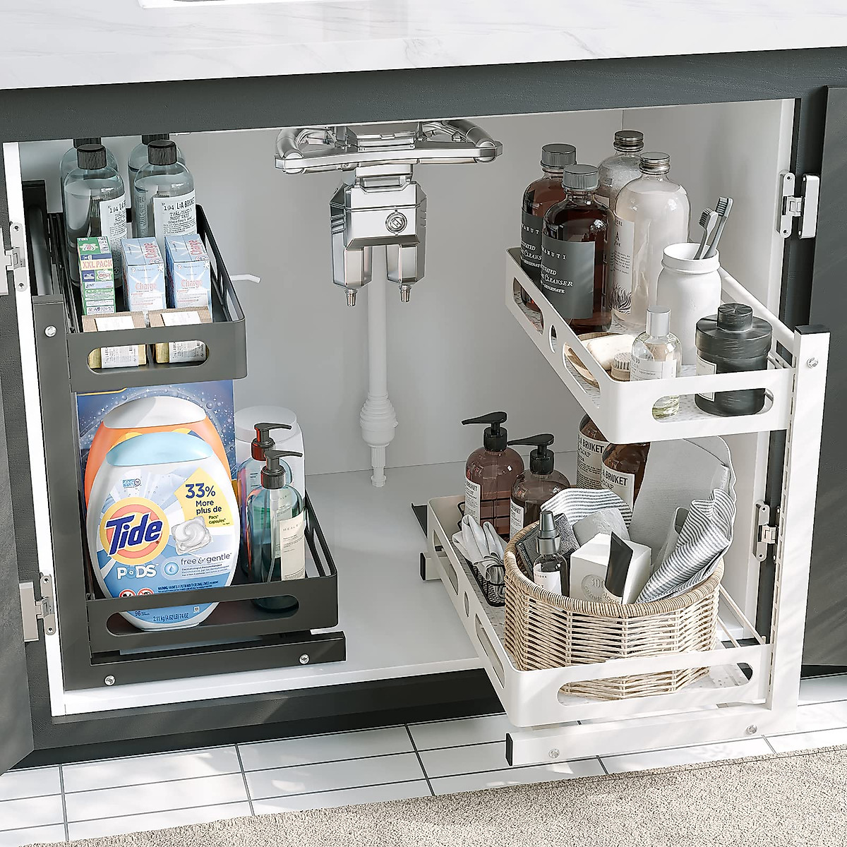 NETEL Under Sink Organizer,Pull Out Sliding Cabinet Basket Organizer 2 Tier Under Bathroom Storage Rack, Multi-Use for, Height Adjustable, With PP Frosted Pad, With strong double-sided adhesive, White