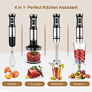 TUMIDY Immersion Blender Handheld 4 in 1 Hand Blender 500W Stepless Speed Stick Blender with Stainless Steel Blades, 750ml Chopper, 1000ml Chopper with Lid, Egg Whisk for Smoothie, Baby Food, Sauces