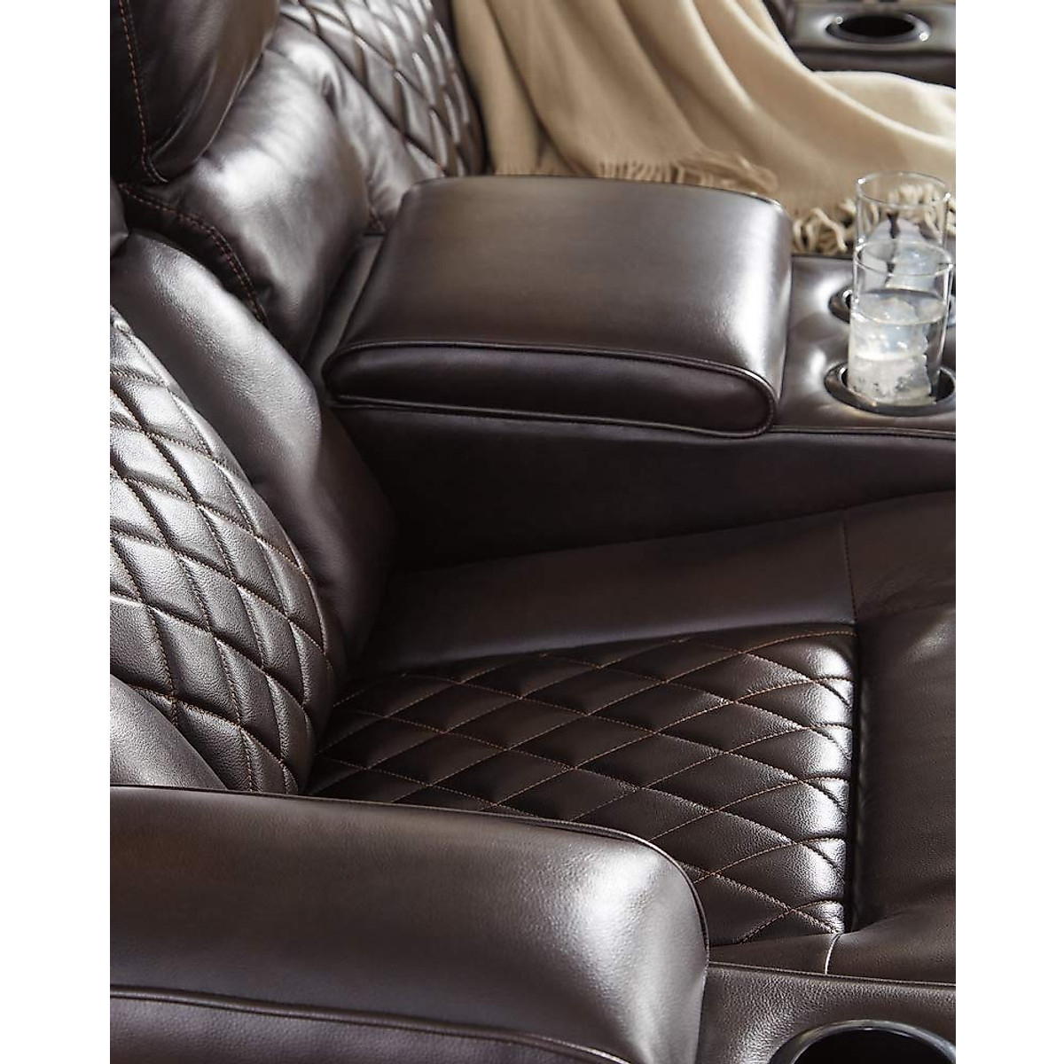 Signature Design by Ashley Warnerton Faux Leather Power Reclining Loveseat with Center Console, Brown