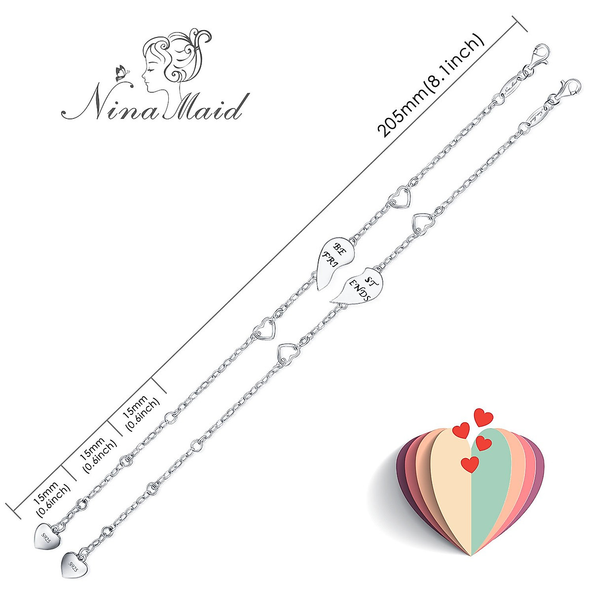 NINAMAID " BEST FRIENDS Engraved 925 Sterling Silver Half Heart Shaped Inspirational Friendship Bracelets Set of 2