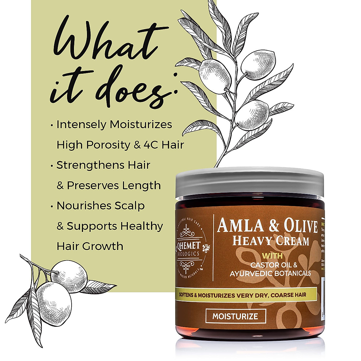 Qhemet Biologics Amla & Olive Heavy Cream - Moisturizing Balm for Extremely Dry & 4C Hair - Adds Soft, Supple Moisture & Hydration to Afros, Coils, Curls, Puffs, Twists, Braids, Locs & More (8.9 oz)