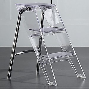 Acrylic 3 Step Ladder Step Stool Transparent L44xW52xH63cm Folding Step Stool 150kg Capacity Ladder for Kitchen Electroplated Silver Iron Frame Household Stool