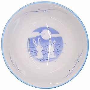 Mino Ware Rice Bowl Set, 4.4 inch, Red Rabbit Design, Blue, Japanese Ceramic Bowls, 5.2 oz, Set of 2