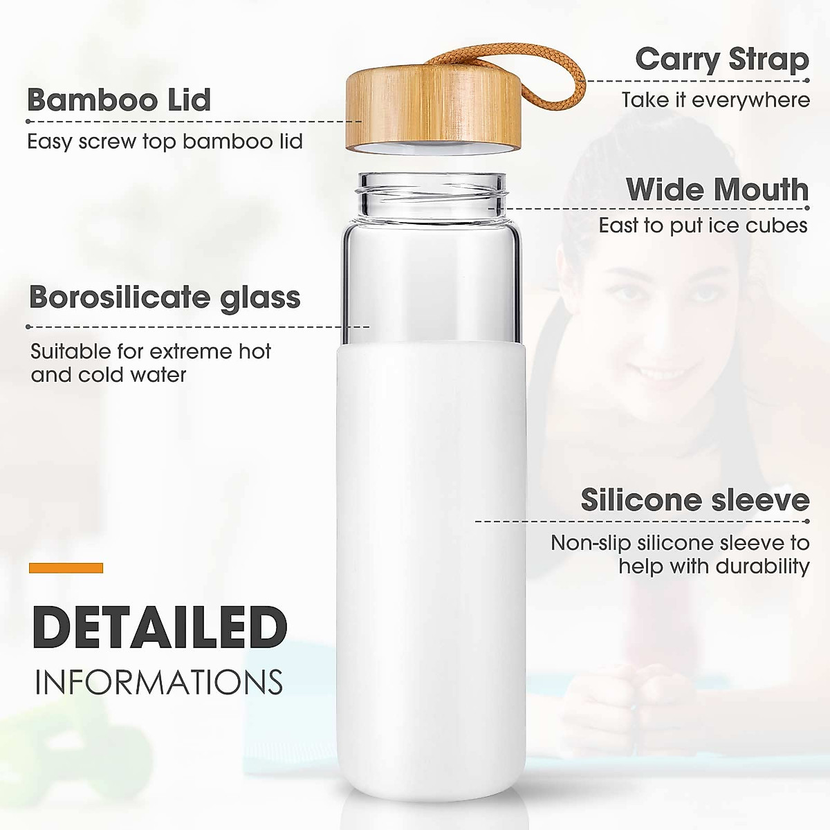 Yomious 20oz Bundle with 25oz Glass Water Bottle with Bamboo Lid and Silicone Sleeve – Reusable BPA Free – Glass Drinking Bottle with Lids