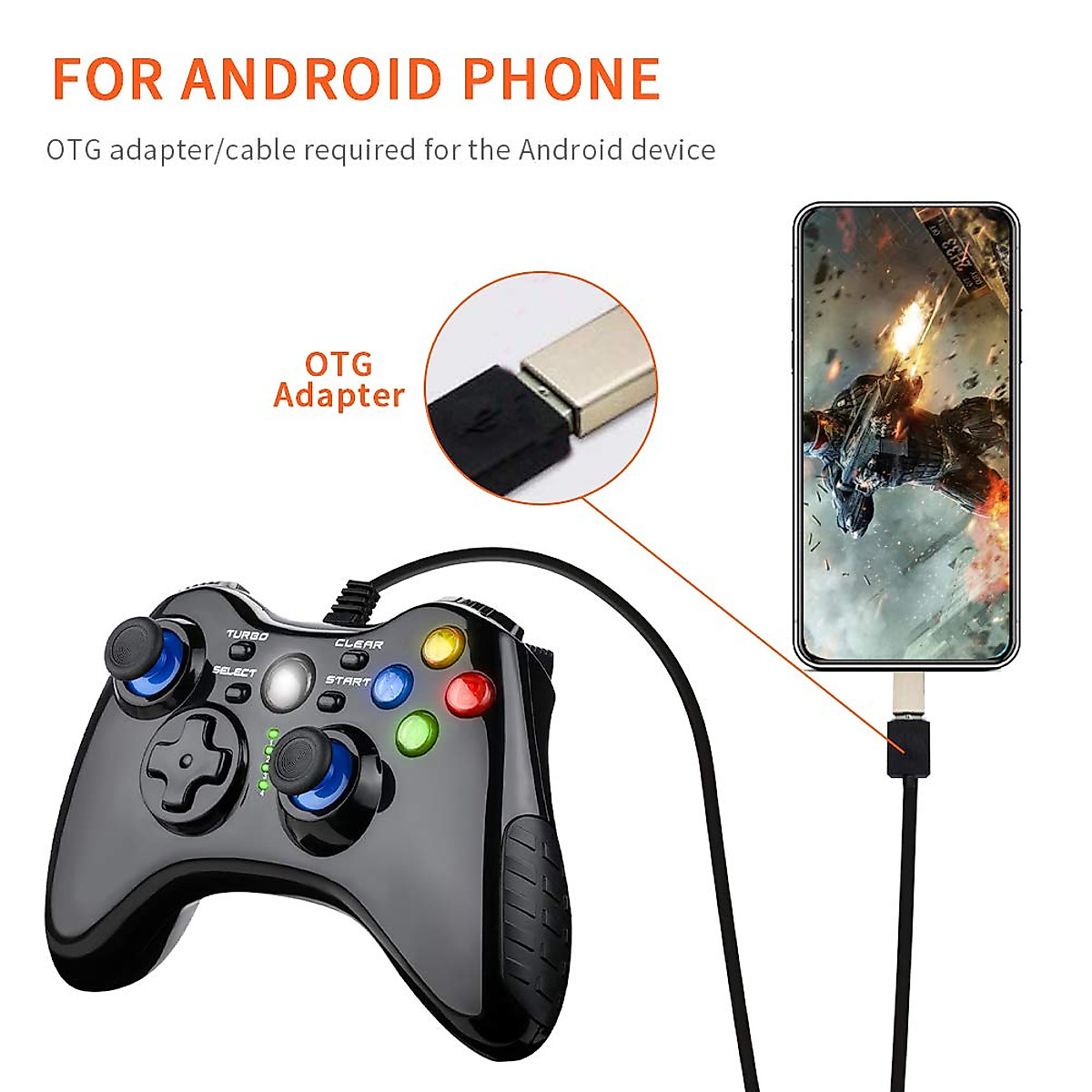 Wired PC Game Controller,Video Game Gamepad,with Dual-Joystick,Vibration Motors,7.2 feet USB Cable,Compatible with PC Windows,PS3,Android TV Box (Black)