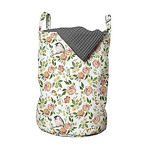 Ambesonne Floral Laundry Bag, Flower Petals Blossoms Leaves and Bird Sitting Vintage Inspired Image, Hamper Basket with Handles Drawstring Closure for Laundromats, 13" x 19", Coral Fern Green White