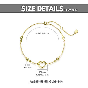 14K Solid Gold Moissanite Heart Bracelet for Women, Real Gold Love Heart Bracelets Jewelry Anniversary Christmas Gifts for Wife, Mom, 8 inch (Adjustable Length)