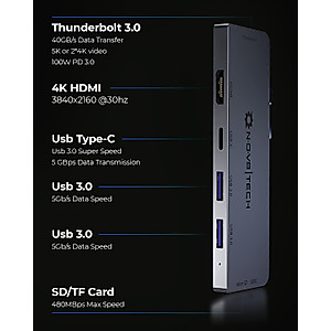 NOV8Tech USB C Hub for MacBook Air, Pro M1/M2/M3 2023/2022-2016, MacBook Air USB C Adapter Dongle, 4K HDMI, 100W PD, 40Gbps TB3 5K 60Hz, USB-C, 2 USB 3.0 and SD/Micro Card Readers (Space Gray)