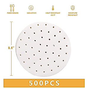CHANGLE 500 Pcs Air Fryer Parchment Paper,8.5 Inches Bamboo Steamer Liners, Premium Perforated Parchment Steaming Papers, Non-Stick Steamer Mat, for Air Fryer, Steaming Basket, Pans, Dumplings.