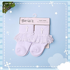 Booulfi Baby Girls Socks, 2 Pairs Cotton White Newborn Baptism Christening Socks with Lace Dedication First Communion Gifts for Toddler Infant