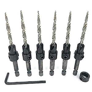 FTG Maximum Torque 6 Piece Same Size #10 (3/16") Pro Pack Countersink Drill Bit Set with 1 Depth Stop Collar 3/8" and 1 Hex Wrench plus 3 Piece Replacement Countersink Drill Bit Only with 1 Hex Wrench